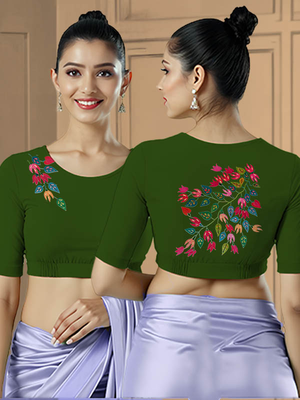 Round Neck Stretchable Blouse Mehendi Green Bogunvillea - Basically ...