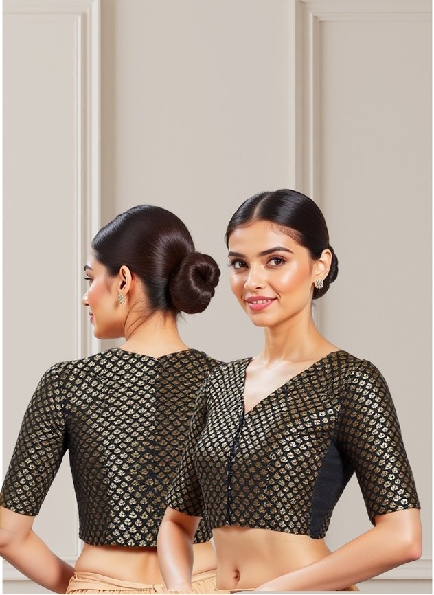 Regular V Neck Flexikaari Brocade Blouse Brocade Black Plain ...