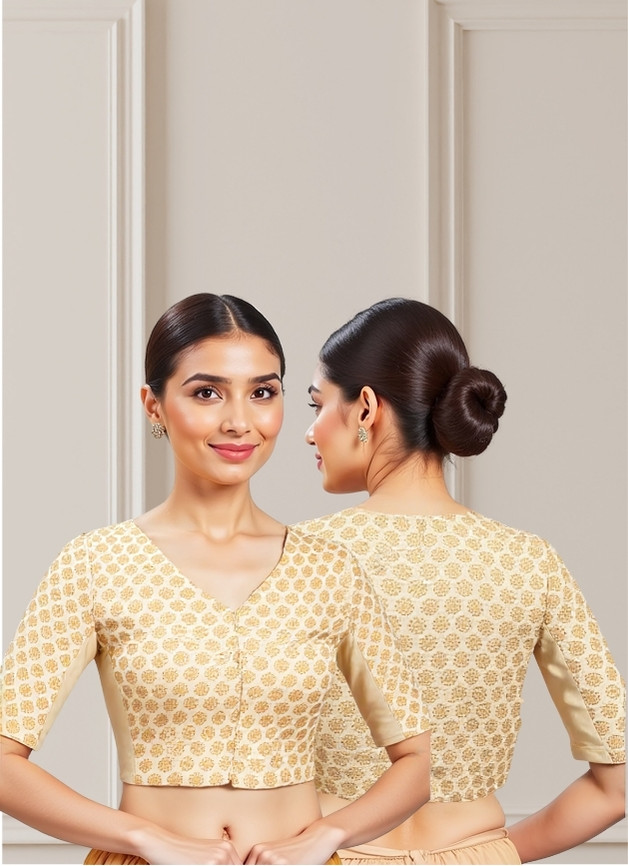 Regular V Neck Flexikaari Brocade Blouse Brocade Cream Plain ...